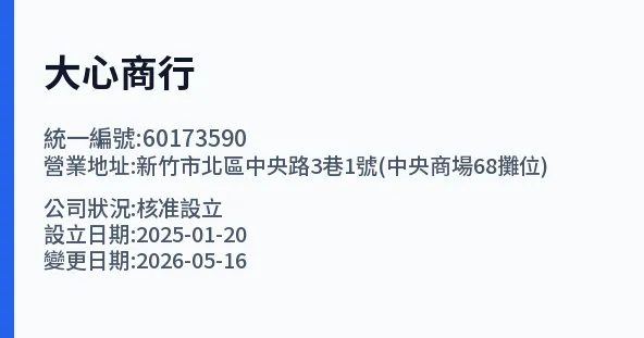 大心商行的照片-統編 60173590(新竹市) 公司登記資料與營業項目詳細圖表