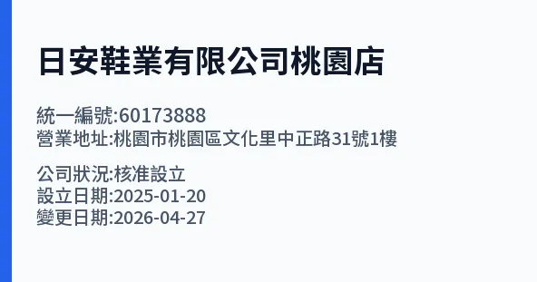 日安鞋業有限公司桃園店的照片-統編 60173888(桃園市) 公司登記資料與營業項目詳細圖表