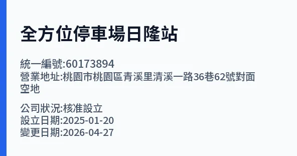全方位停車場日隆站的照片-統編 60173894(桃園市) 公司登記資料與營業項目詳細圖表