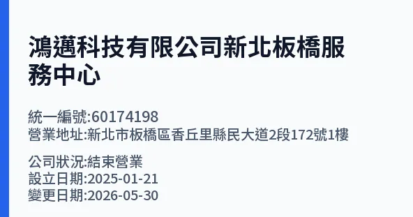 鴻邁科技有限公司新北板橋服務中心的照片-統編 60174198(新北市) 公司登記資料與營業項目詳細圖表