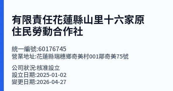 有限責任花蓮縣山里十六家原住民勞動合作社的照片-統編 60176745(花蓮縣) 公司登記資料與營業項目詳細圖表