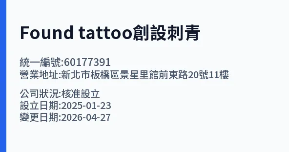 Found tattoo創設刺青的照片-統編 60177391(新北市) 公司登記資料與營業項目詳細圖表