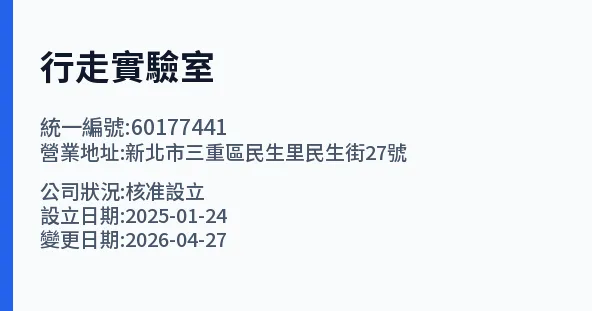 行走實驗室的照片-統編 60177441(新北市) 公司登記資料與營業項目詳細圖表