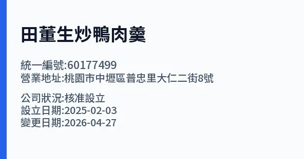 田董生炒鴨肉羹的照片-統編 60177499(桃園市) 公司登記資料與營業項目詳細圖表