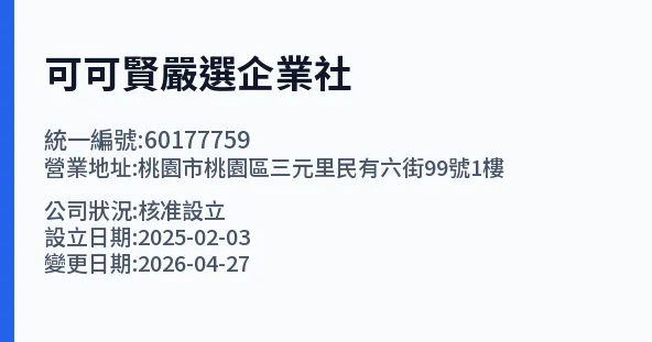 可可賢嚴選企業社的照片-統編 60177759(桃園市) 公司登記資料與營業項目詳細圖表