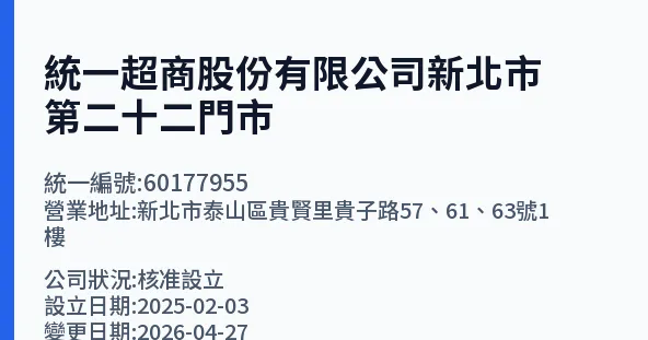 統一超商股份有限公司新北市第二十二門市的照片-統編 60177955(新北市) 公司登記資料與營業項目詳細圖表