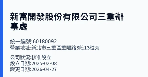 新富開發股份有限公司三重辦事處的照片-統編 60180092(新北市) 公司登記資料與營業項目詳細圖表
