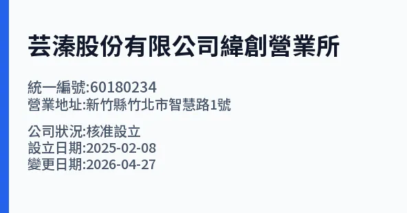 芸溱股份有限公司緯創營業所的照片-統編 60180234(新竹縣) 公司登記資料與營業項目詳細圖表