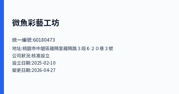 微魚彩藝工坊的照片-統編 60180473(桃園市) 公司登記資料與營業項目詳細圖表