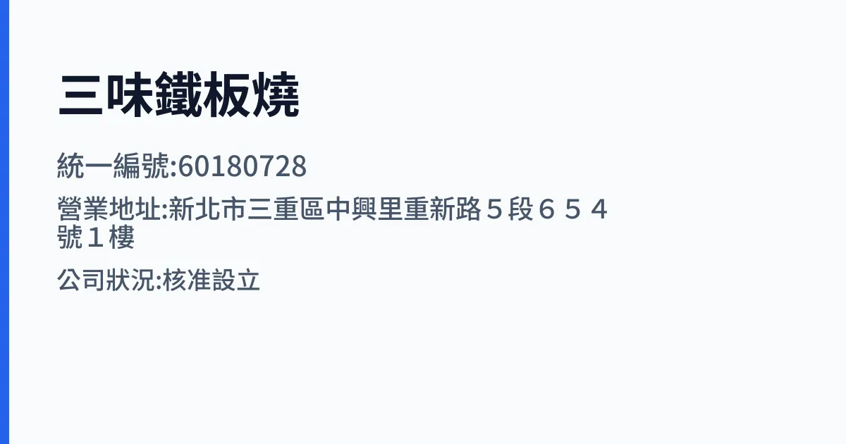 三味鐵板燒 - 統編 60180728(新北市) 公司登記資料與營業項目詳細圖表