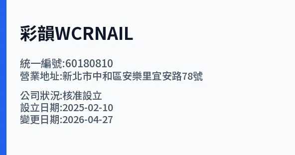 彩韻WCRNAIL的照片-統編 60180810(新北市) 公司登記資料與營業項目詳細圖表