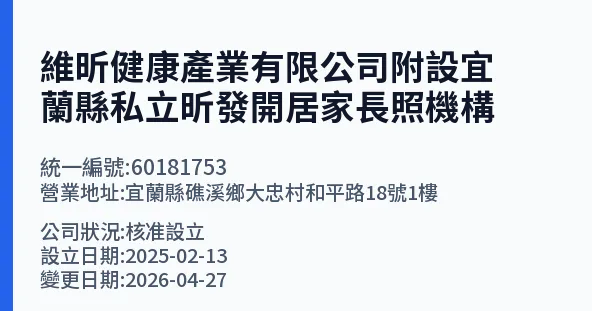 維昕健康產業有限公司附設宜蘭縣私立昕發開居家長照機構的照片-統編 60181753(宜蘭縣) 公司登記資料與營業項目詳細圖表