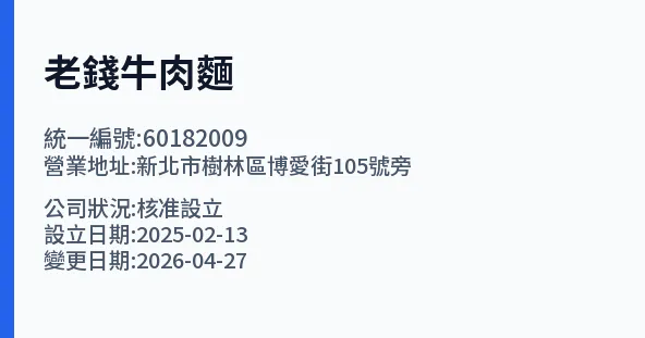 老錢牛肉麵的照片-統編 60182009(新北市) 公司登記資料與營業項目詳細圖表