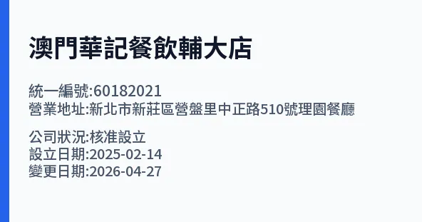 澳門華記餐飲輔大店的照片-統編 60182021(新北市) 公司登記資料與營業項目詳細圖表