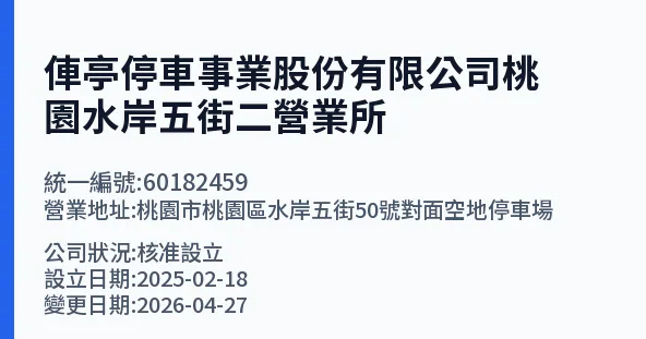 俥亭停車事業股份有限公司桃園水岸五街二營業所的照片-統編 60182459(桃園市) 公司登記資料與營業項目詳細圖表