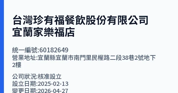 台灣珍有福餐飲股份有限公司宜蘭家樂福店的照片-統編 60182649(宜蘭縣) 公司登記資料與營業項目詳細圖表