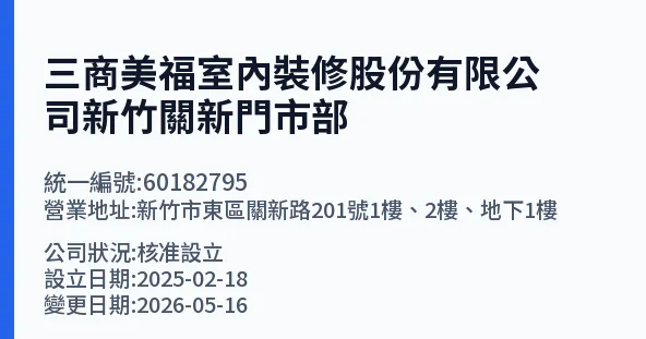 三商美福室內裝修股份有限公司新竹關新門市部的照片-統編 60182795(新竹市) 公司登記資料與營業項目詳細圖表