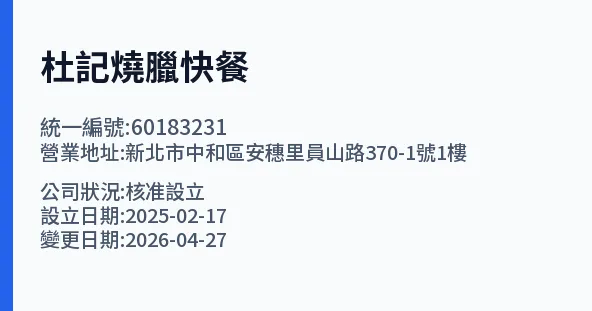 杜記燒臘快餐的照片-統編 60183231(新北市) 公司登記資料與營業項目詳細圖表