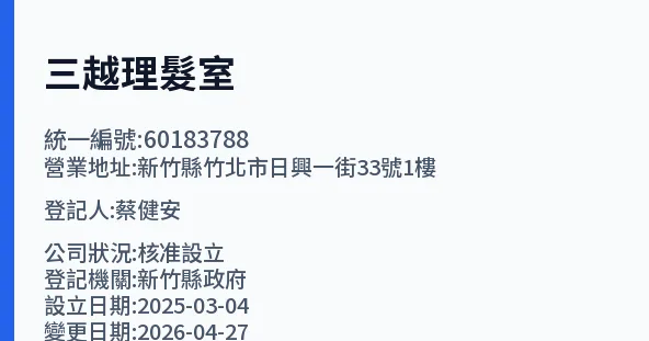 三越理髮室的照片-統編 60183788(新竹縣) 公司登記資料與營業項目詳細圖表