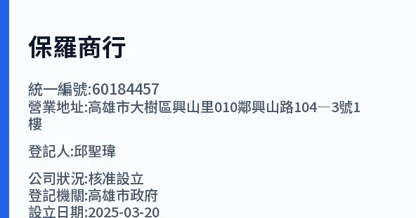 保羅商行的照片-統編 60184457(高雄市) 公司登記資料與營業項目詳細圖表