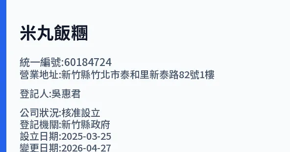 米丸飯糰的照片-統編 60184724(新竹縣) 公司登記資料與營業項目詳細圖表