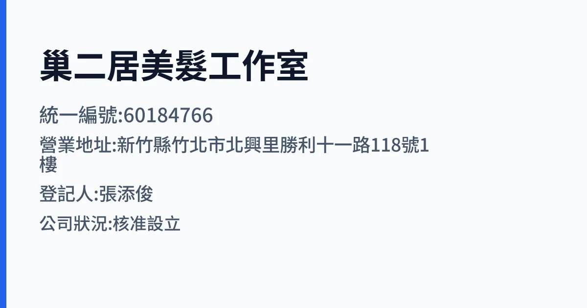 巢二居美髮工作室 - 統編 60184766（新竹縣） 公司登記資料與營業項目詳細圖表