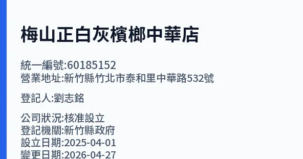 梅山正白灰檳榔中華店的照片-統編 60185152(新竹縣) 公司登記資料與營業項目詳細圖表