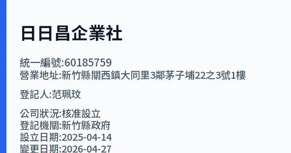 日日昌企業社的照片-統編 60185759(新竹縣) 公司登記資料與營業項目詳細圖表
