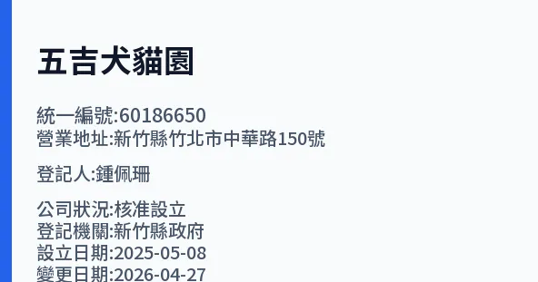五吉犬貓園的照片-統編 60186650(新竹縣) 公司登記資料與營業項目詳細圖表