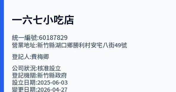 一六七小吃店的照片-統編 60187829(新竹縣) 公司登記資料與營業項目詳細圖表