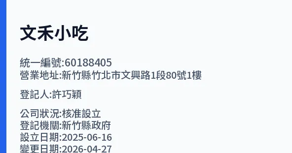 文禾小吃的照片-統編 60188405(新竹縣) 公司登記資料與營業項目詳細圖表