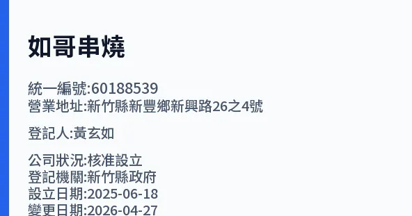 如哥串燒的照片-統編 60188539(新竹縣) 公司登記資料與營業項目詳細圖表