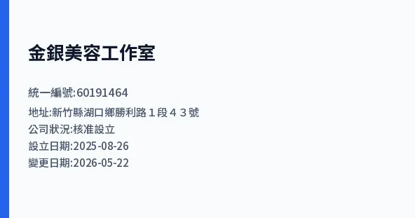 金銀美容工作室的照片-統編 60191464(新竹縣) 公司登記資料與營業項目詳細圖表