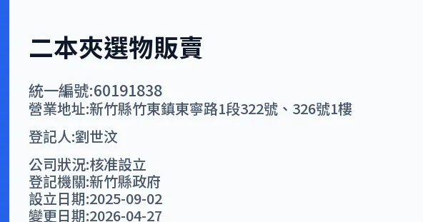 二本夾選物販賣的照片-統編 60191838(新竹縣) 公司登記資料與營業項目詳細圖表