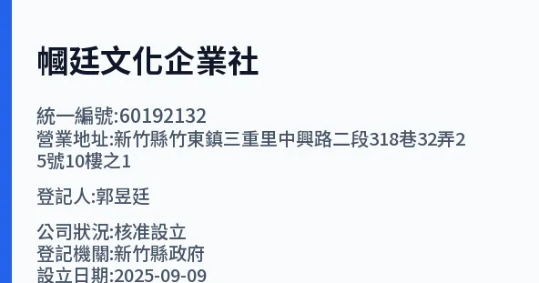 幗廷文化企業社的照片-統編 60192132(新竹縣) 公司登記資料與營業項目詳細圖表