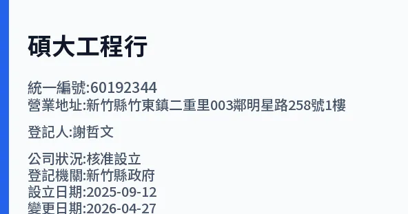 碩大工程行的照片-統編 60192344(新竹縣) 公司登記資料與營業項目詳細圖表