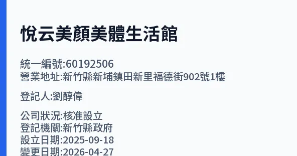 悅云美顏美體生活館的照片-統編 60192506(新竹縣) 公司登記資料與營業項目詳細圖表