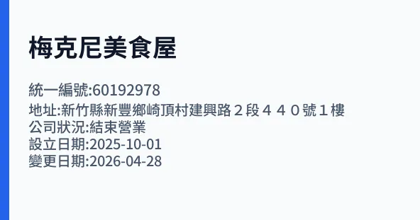 梅克尼美食屋的照片-統編 60192978(新竹縣) 公司登記資料與營業項目詳細圖表