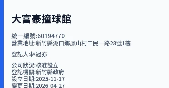 大富豪撞球館的照片-統編 60194770(新竹縣) 公司登記資料與營業項目詳細圖表