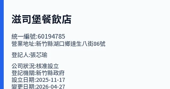 滋司堡餐飲店的照片-統編 60194785(新竹縣) 公司登記資料與營業項目詳細圖表