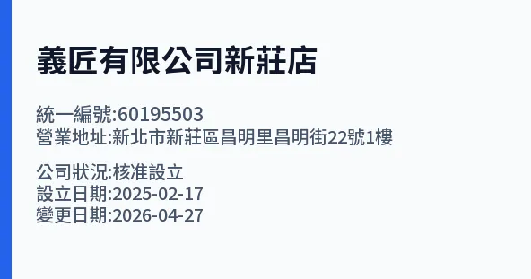 義匠有限公司新莊店的照片-統編 60195503(新北市) 公司登記資料與營業項目詳細圖表