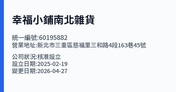 幸福小鋪南北雜貨的照片-統編 60195882(新北市) 公司登記資料與營業項目詳細圖表