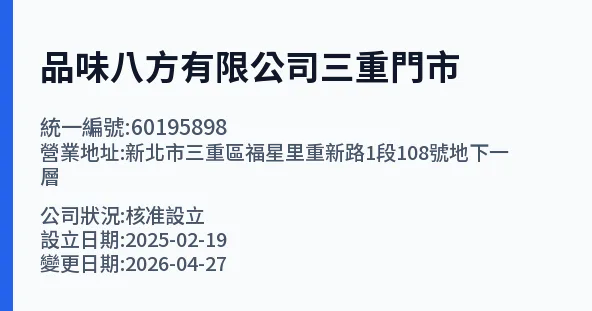 品味八方有限公司三重門市的照片-統編 60195898(新北市) 公司登記資料與營業項目詳細圖表