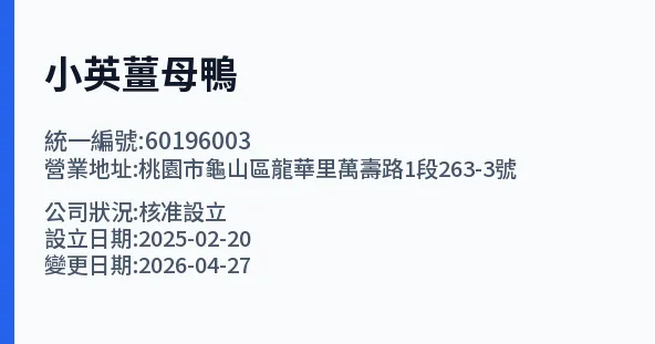 小英薑母鴨的照片-統編 60196003(桃園市) 公司登記資料與營業項目詳細圖表