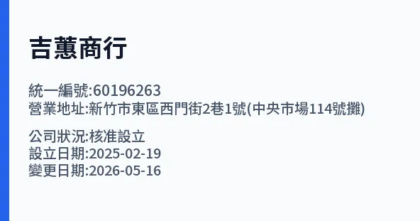 吉蕙商行的照片-統編 60196263(新竹市) 公司登記資料與營業項目詳細圖表