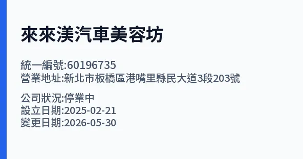 來來渼汽車美容坊的照片-統編 60196735(新北市) 公司登記資料與營業項目詳細圖表