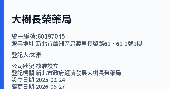 大樹長榮藥局的照片-統編 60197045(新北市) 公司登記資料與營業項目詳細圖表