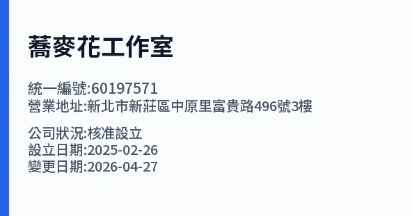 蕎麥花工作室的照片-統編 60197571(新北市) 公司登記資料與營業項目詳細圖表