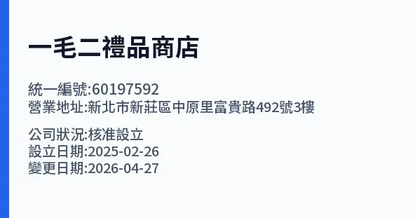 一毛二禮品商店的照片-統編 60197592(新北市) 公司登記資料與營業項目詳細圖表