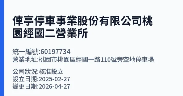 俥亭停車事業股份有限公司桃園經國二營業所的照片-統編 60197734(桃園市) 公司登記資料與營業項目詳細圖表